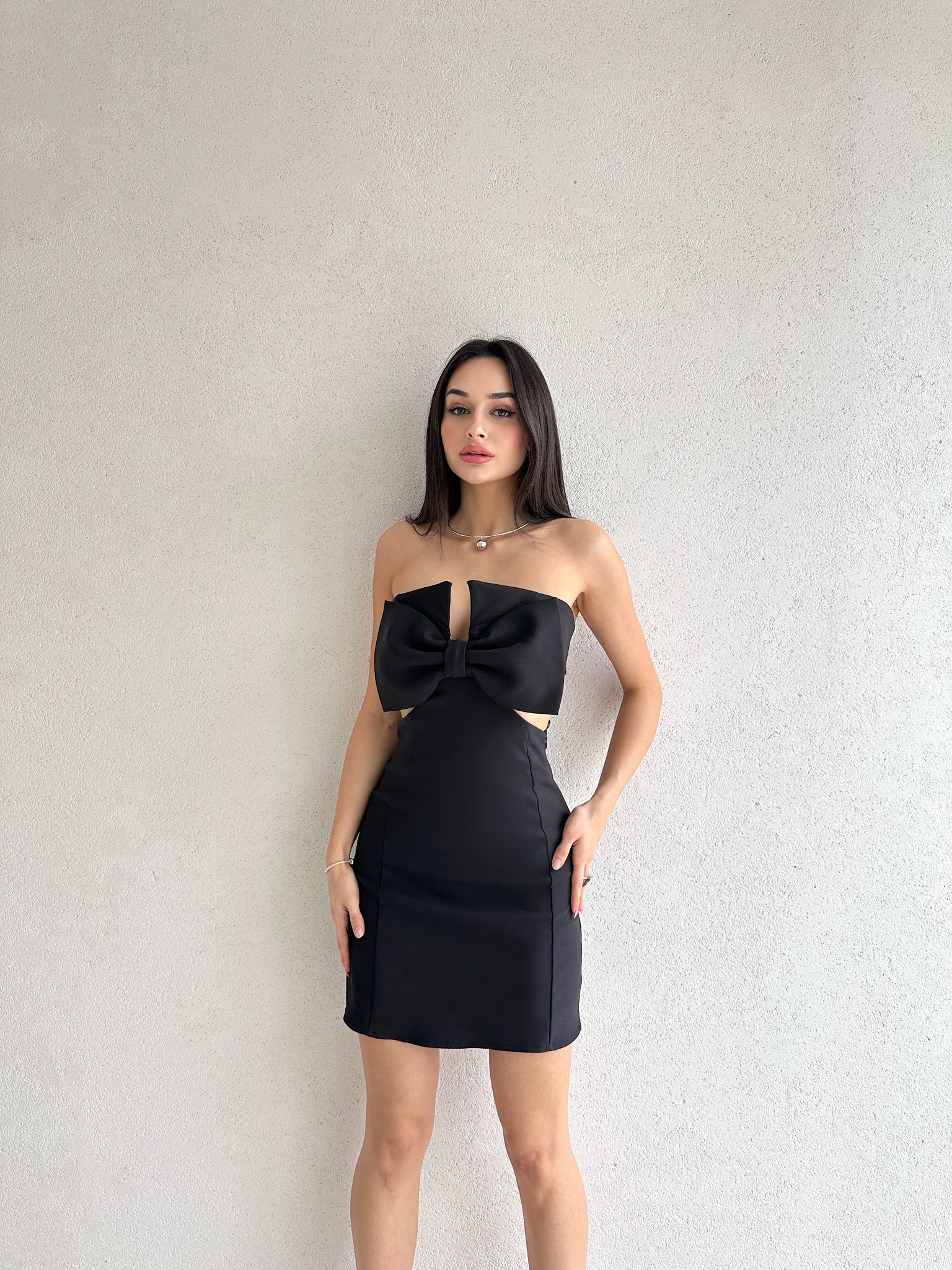Göğüsü Fiyonk Detaylı Mini Philip Elbise 6542 Siyah Elbİse Yenİ