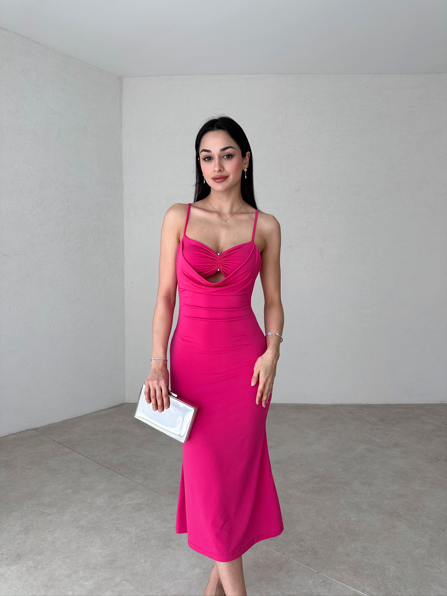 PAULA Midi Elbise 5654 - Fuşya BASIC Mooi Butik