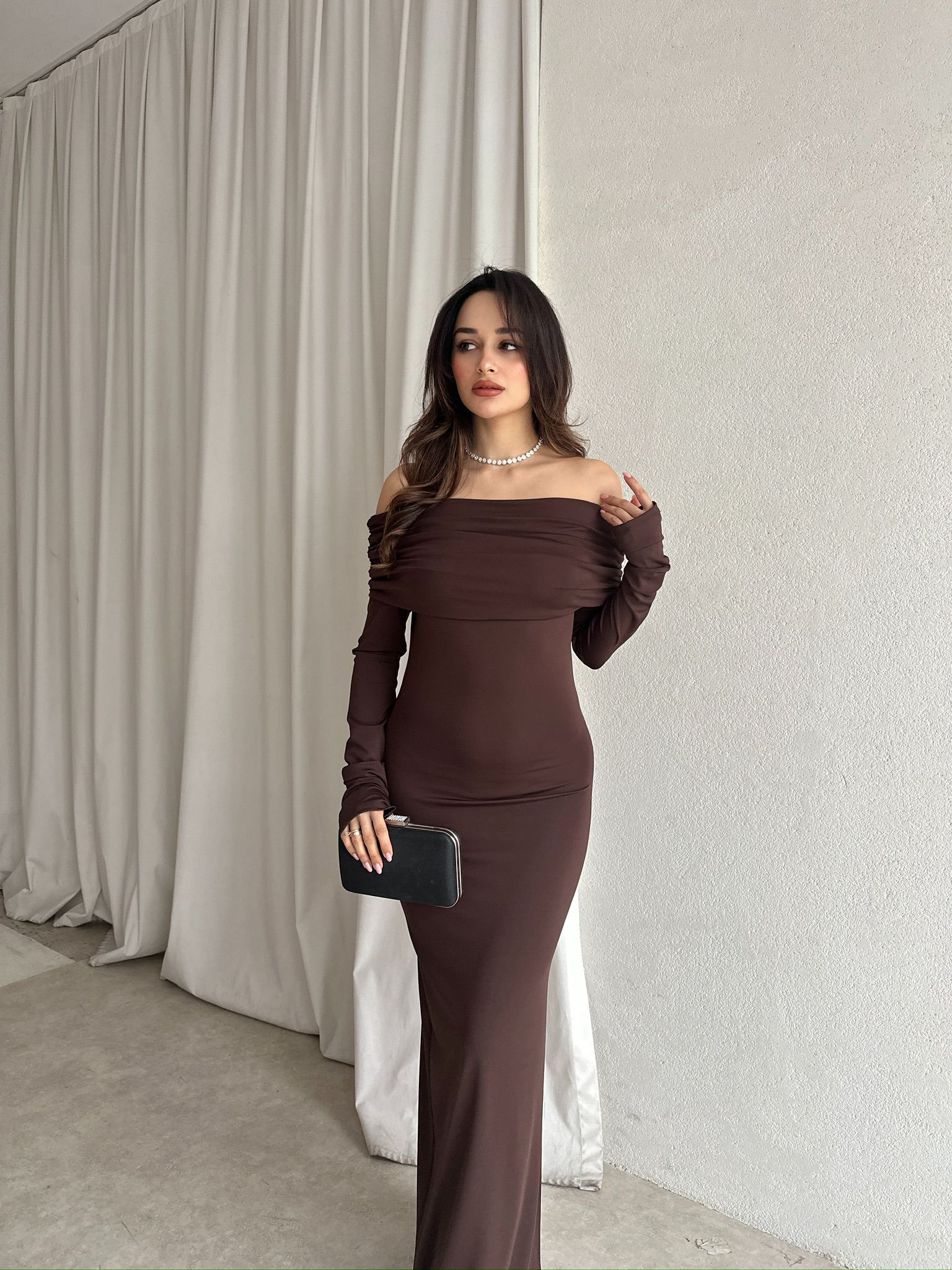 ROSA Parmak Geçmeli Maxi Elbise 8689 - Acı Kahve ELBİSE Mooi Butik