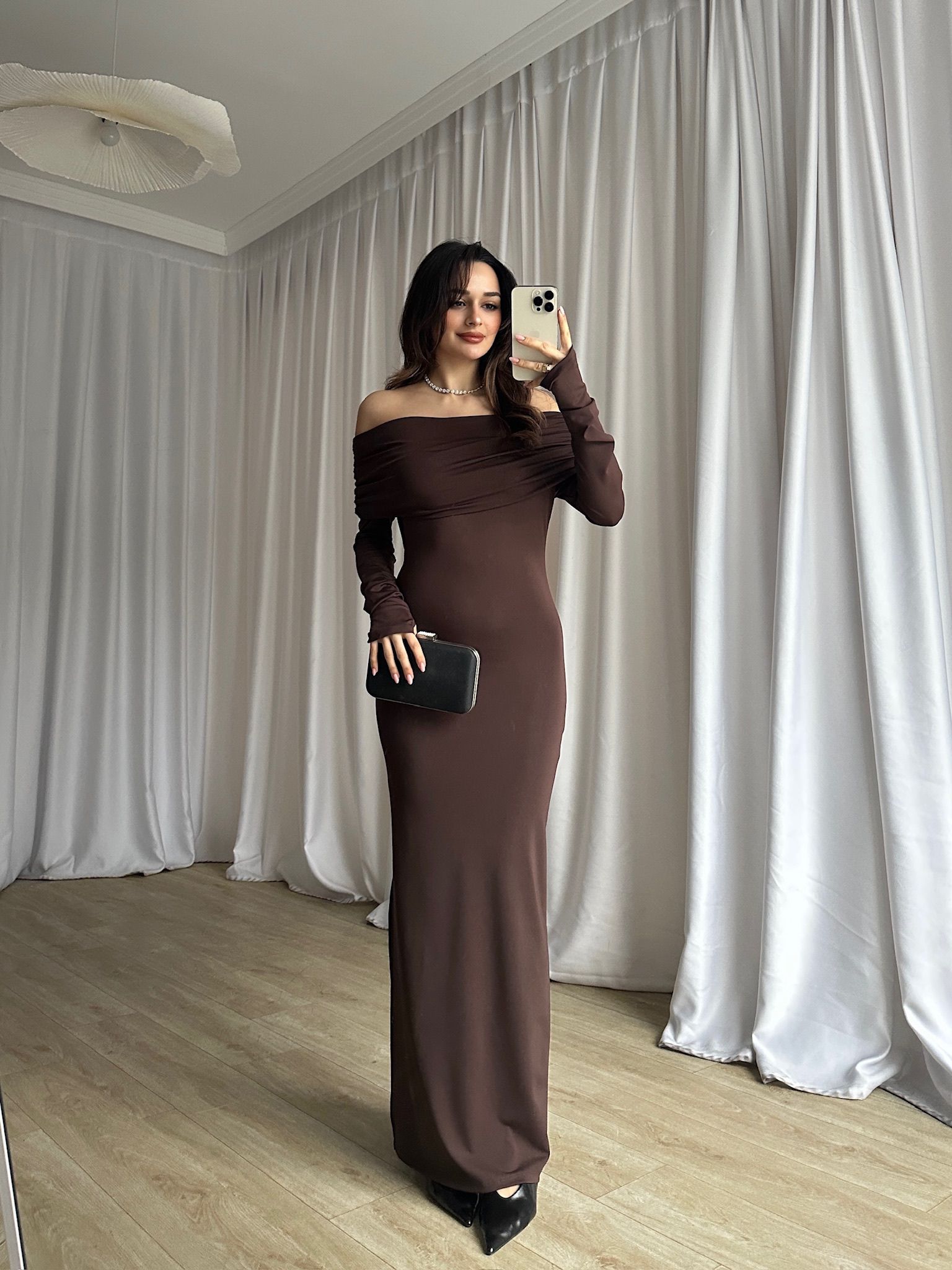 ROSA Parmak Geçmeli Maxi Elbise 8689 - Acı Kahve ELBİSE Mooi Butik
